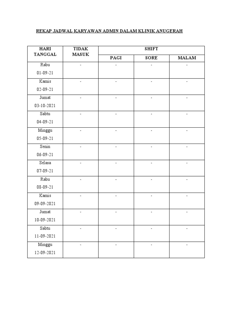 Rekap Jadwal Karyawan Admin Dalam Klinik Anugerah | PDF