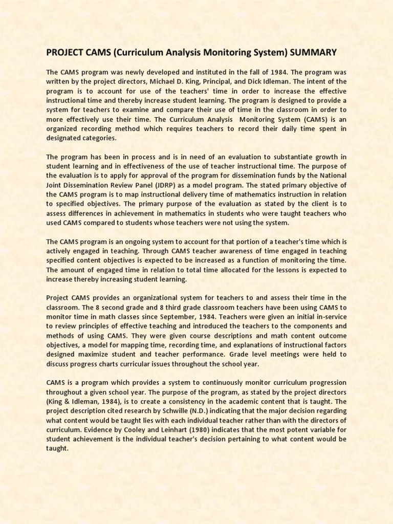 Project Cams | PDF | Teachers | Curriculum