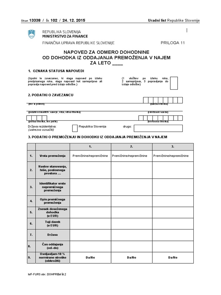 Napoved Za Odmero Dohodnine Od Dohodka Iz Oddajanja Premoženja V Najem ...