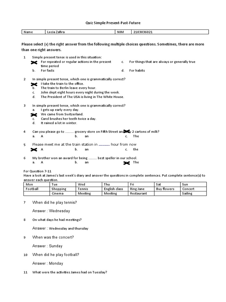 Quiz-Simple Present Past Future | PDF | Language Mechanics | Grammar