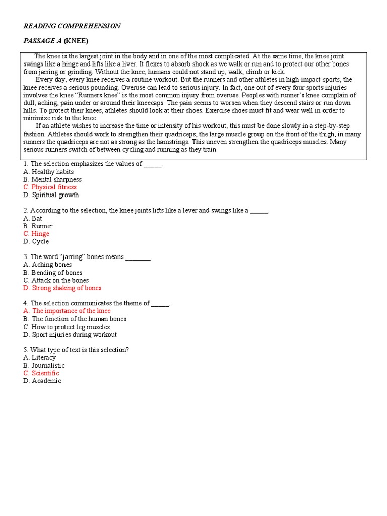 Reading Comprehension Passage A (Knee) : C. Physical Fitness | PDF ...