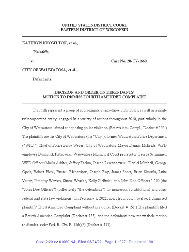 Order Denying Wauwatosa's Motion To Dismiss | PDF | Cause Of Action | Complaint