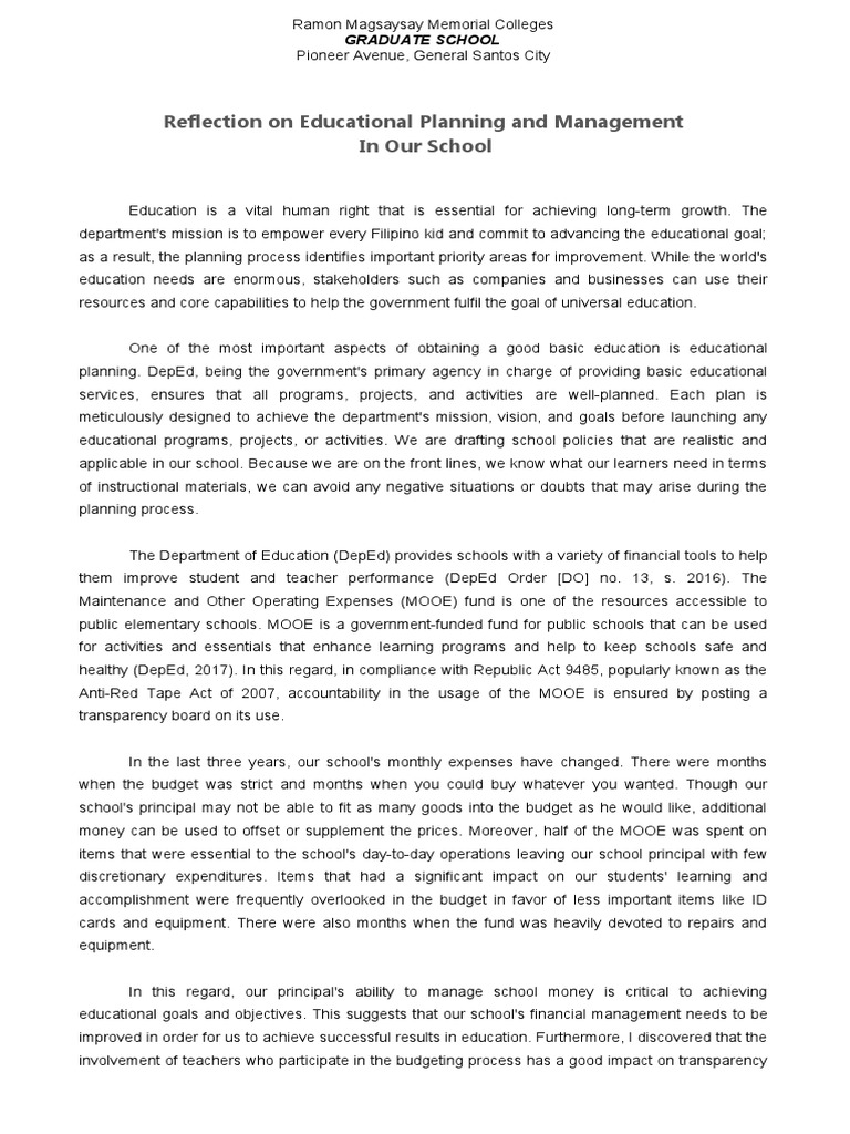 Reflection On Educational Planning and Management | PDF | Goal | Learning