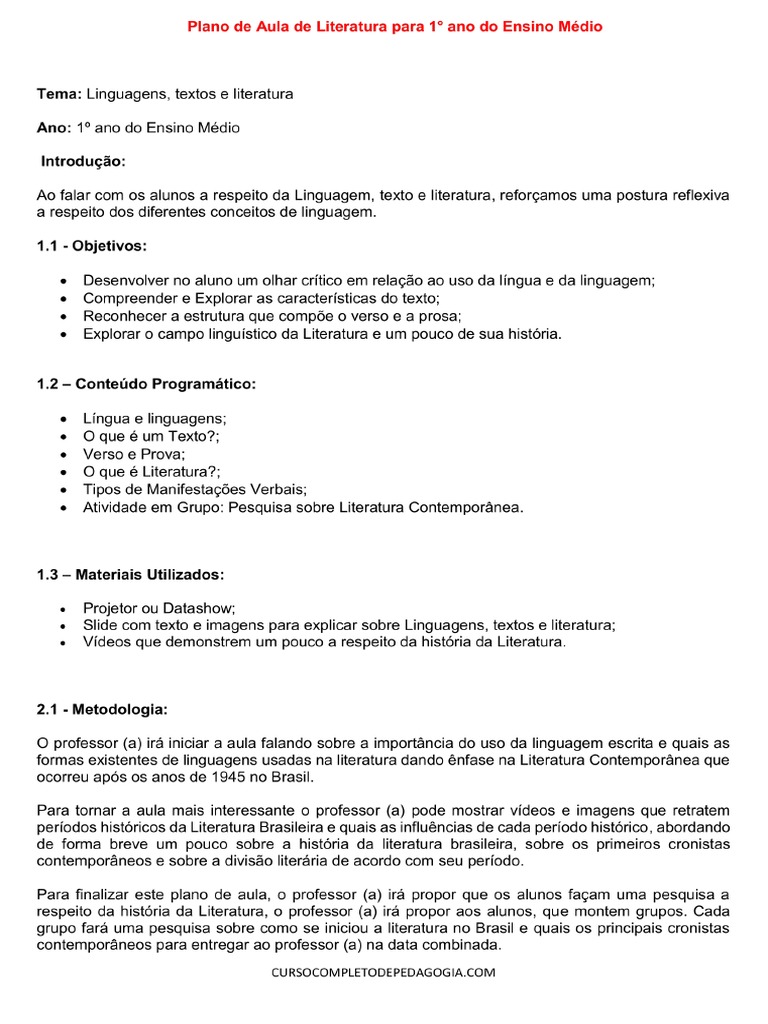 Plano de Aula de Literatura para 1° Ano Do Ensino Medio | PDF