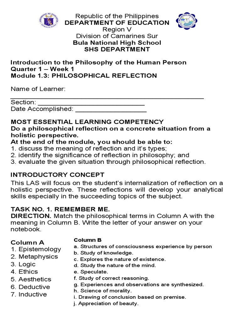 PHILO-LAS - Lesson 1.3-Q1-W1 Sept.17-24 - LEGAL | PDF | Experience | Psychology