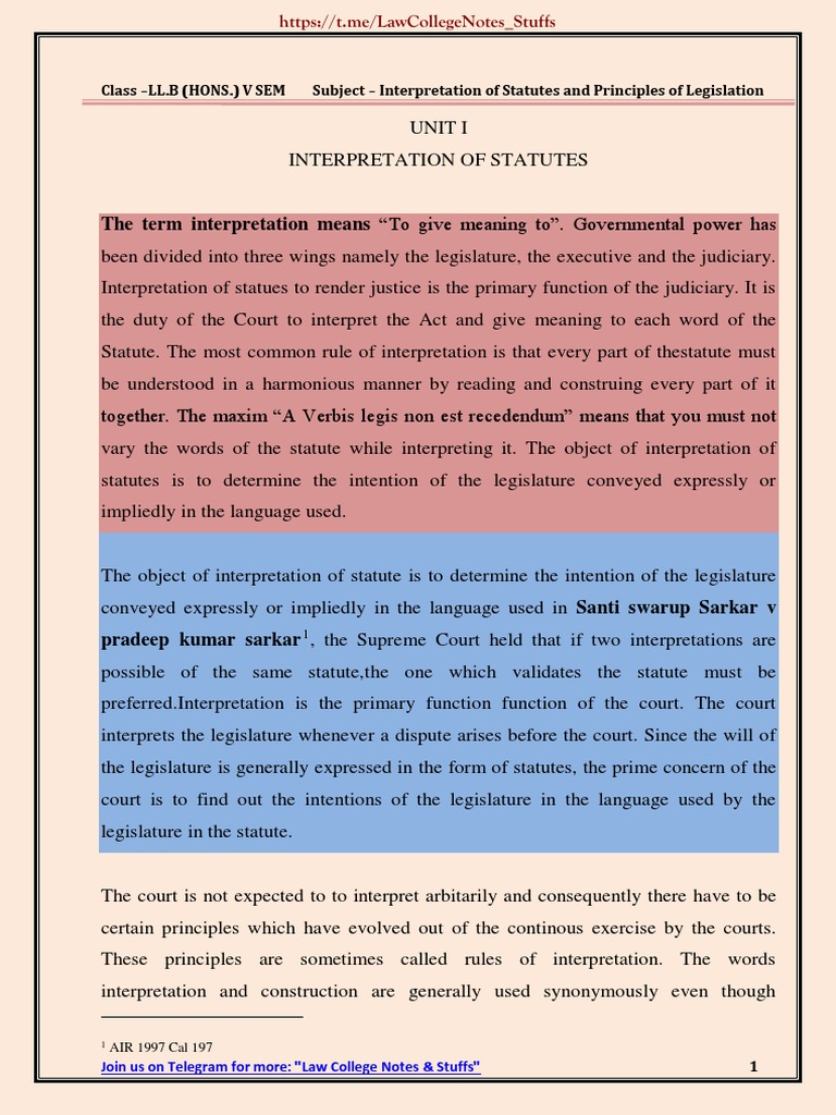 Interpretation of Statutes - Notes (Law College) | PDF | Statutory ...