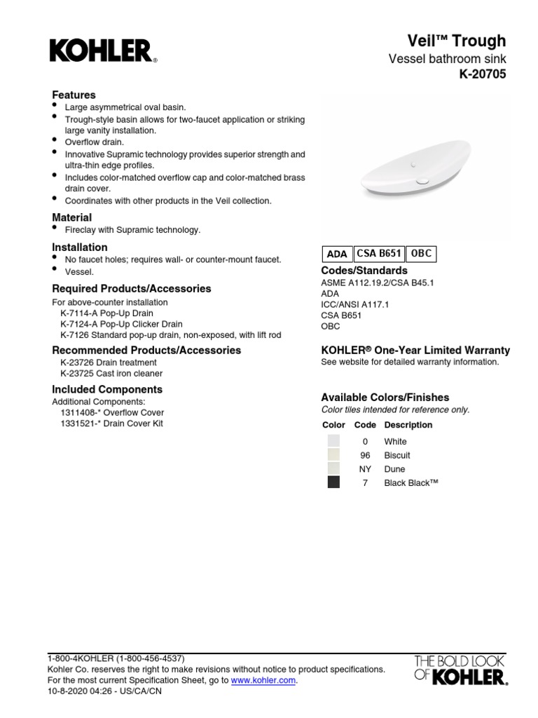 K-20705-0 Spec INDIA Kohler en | PDF | Sink | Building Materials