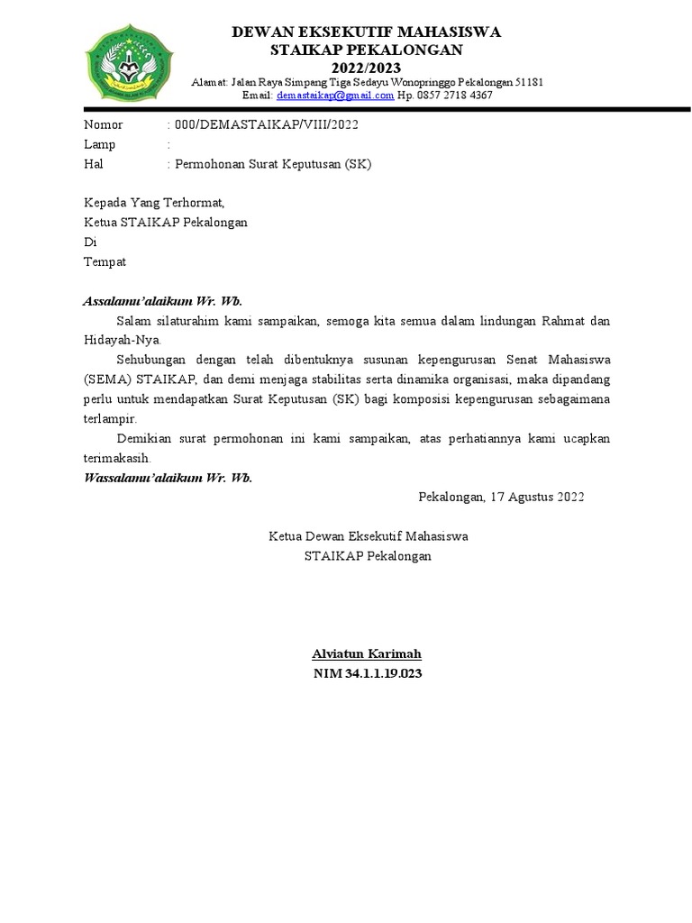 Permohonan SK Pengurus SEMA STAIKAP | PDF