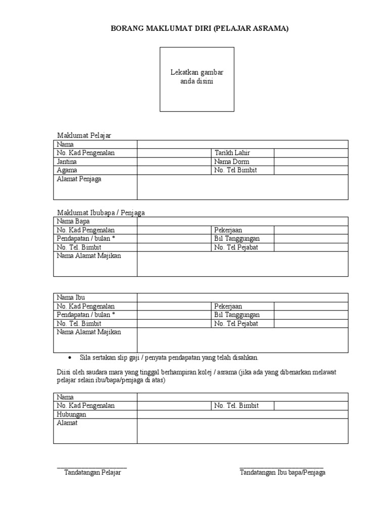 Borang Maklumat Diri Asrama | PDF