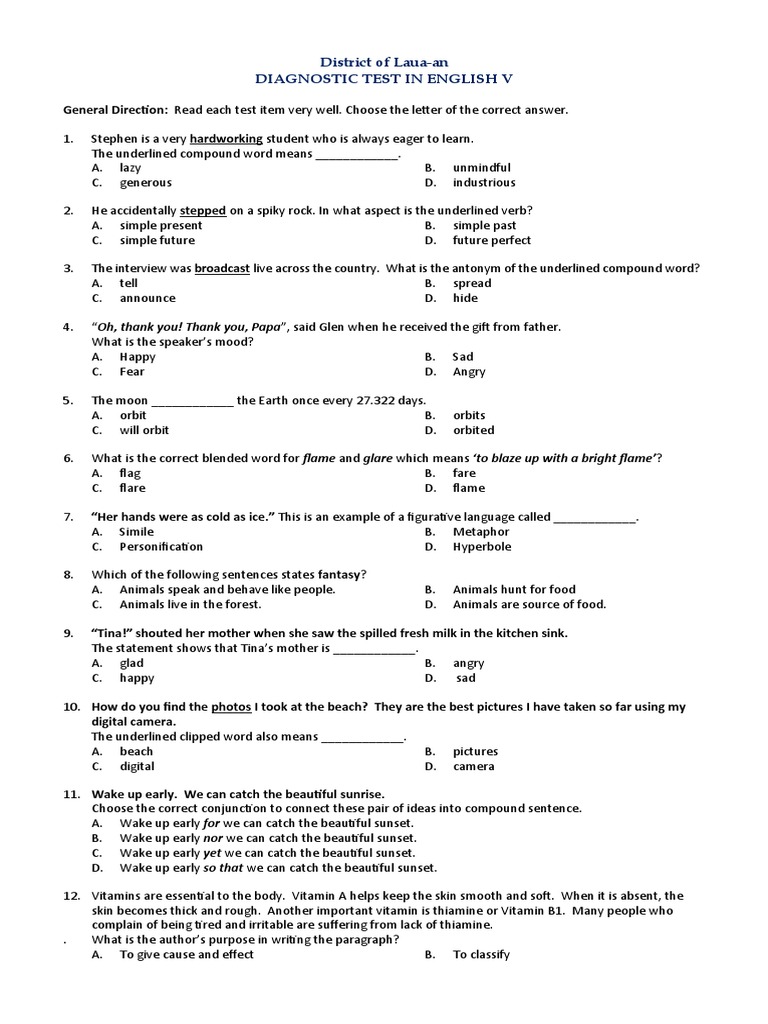 Grade 5 English Diagnostic Test | PDF | Atmosphere | Planets