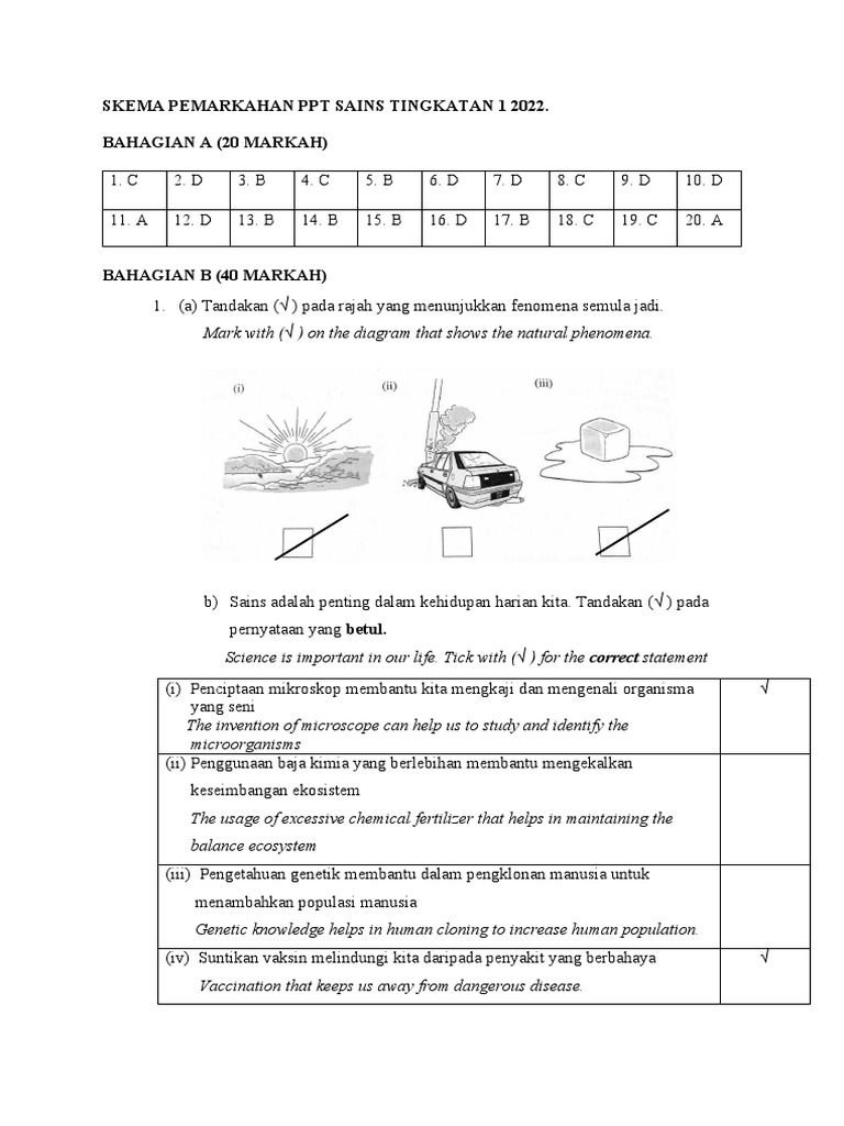 Skema Pemarkahan PPT Sains T1 2022 | PDF