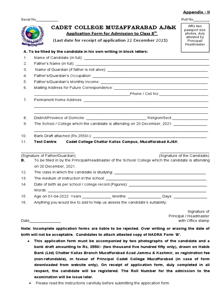 Cadet College Muzaffarabad Admission Form | PDF
