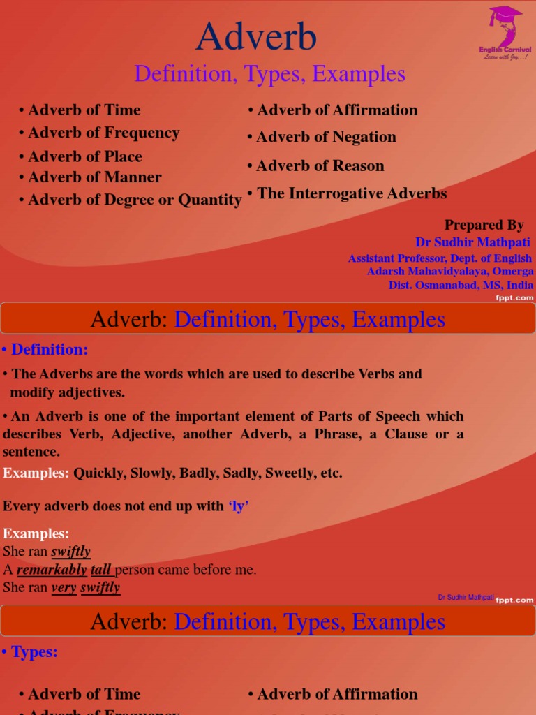 Definition, Types, Examples: Adverb | PDF | Adverb | Human Communication