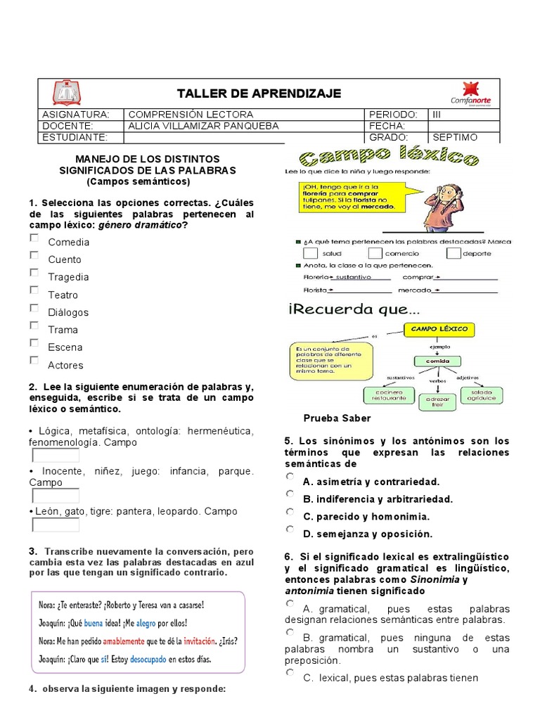 Taller Comprensión Lectora 7°3p | PDF | Palabra | Gramática
