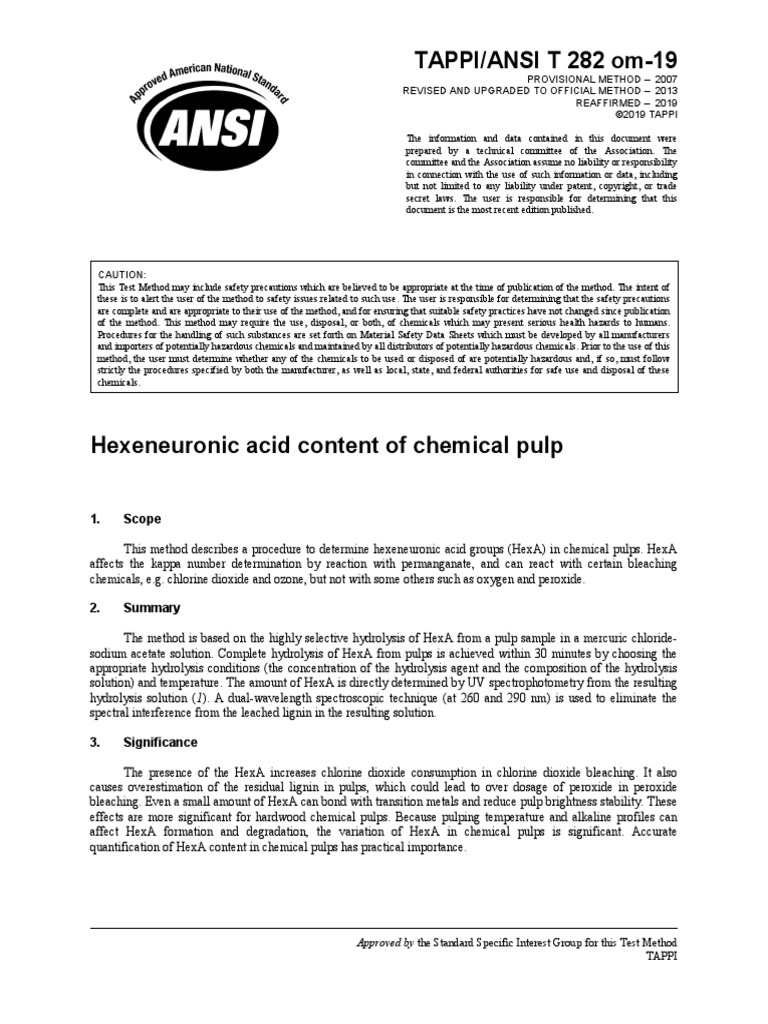 TAPPI/ANSI T 282 Om-19: Caution | PDF | Chemistry | Physical Sciences