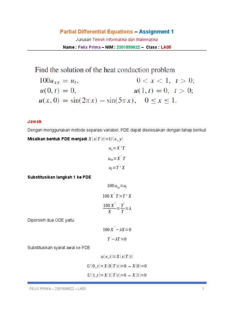 (A-1) Partial Differential Equations - Assignment 1 | PDF
