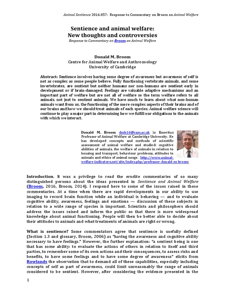 Broom's Insights on Animal Sentience | PDF | Animal Welfare | Awareness