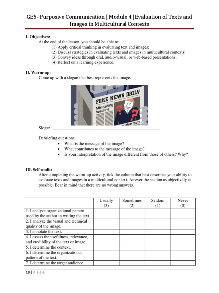 GE5-Purposive Communication - Module 4 - Evaluation of Texts and Images in Multicultural ...