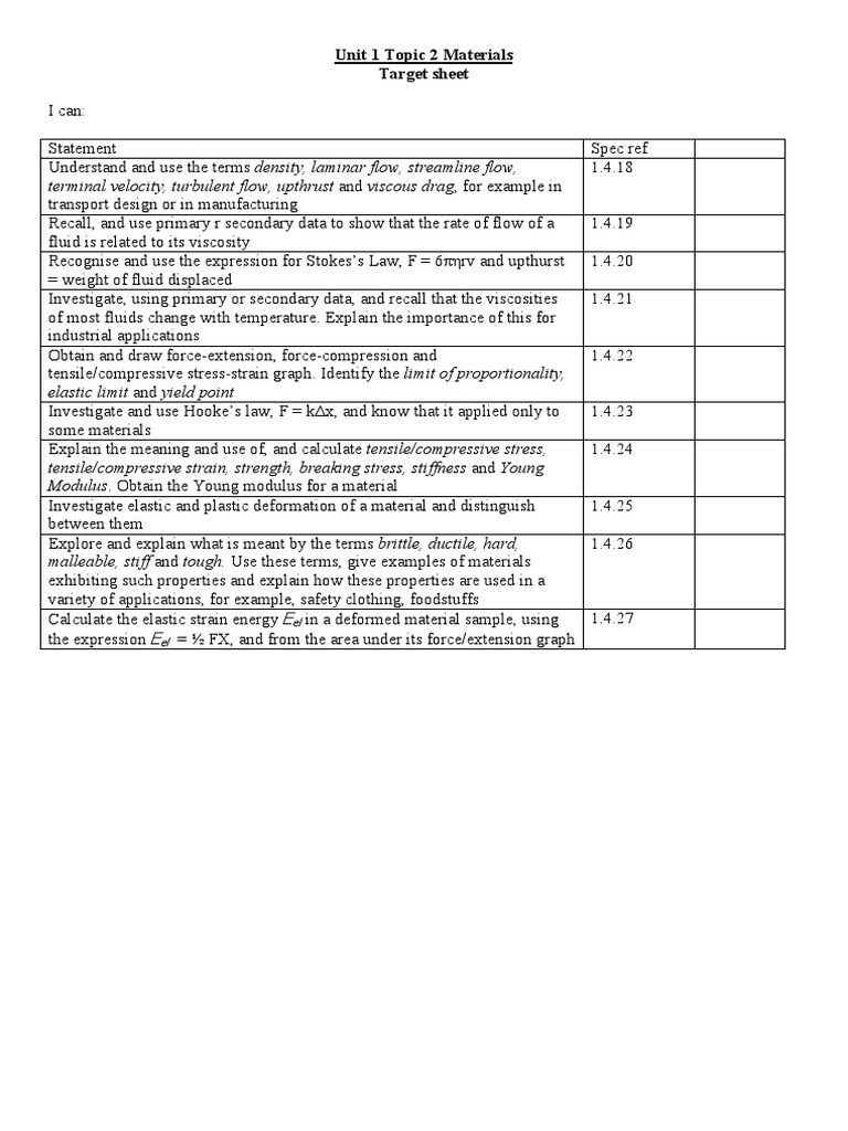 Unit 1 Topic 2 Materials Target Sheet: El El | PDF | Science & Mathematics | Technology ...