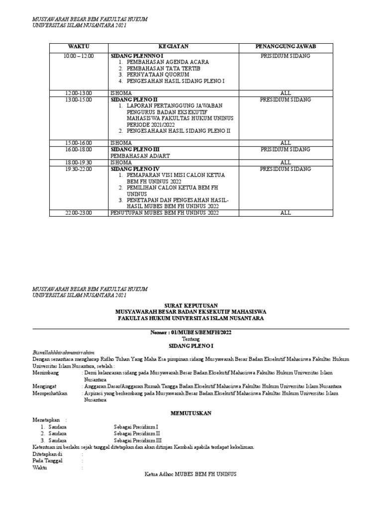 Draft Sidang MUBES BEM FH UNINUS 2021 Fiks | PDF