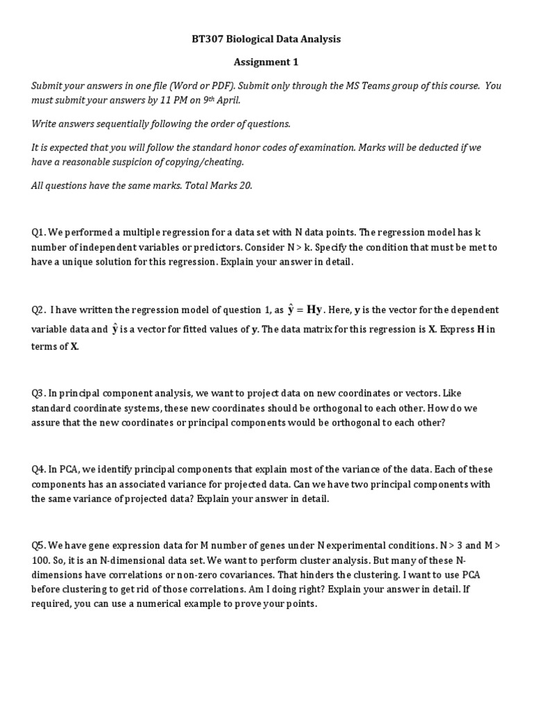 BT307 Biological Data Analysis Assignment 1 | PDF | Principal Component Analysis | Regression ...