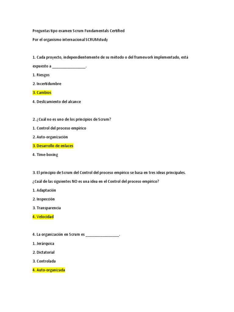 Preguntas Tipo Examen Scrum Fundamentals Certified | PDF | Scrum (desarrollo de software) | Business
