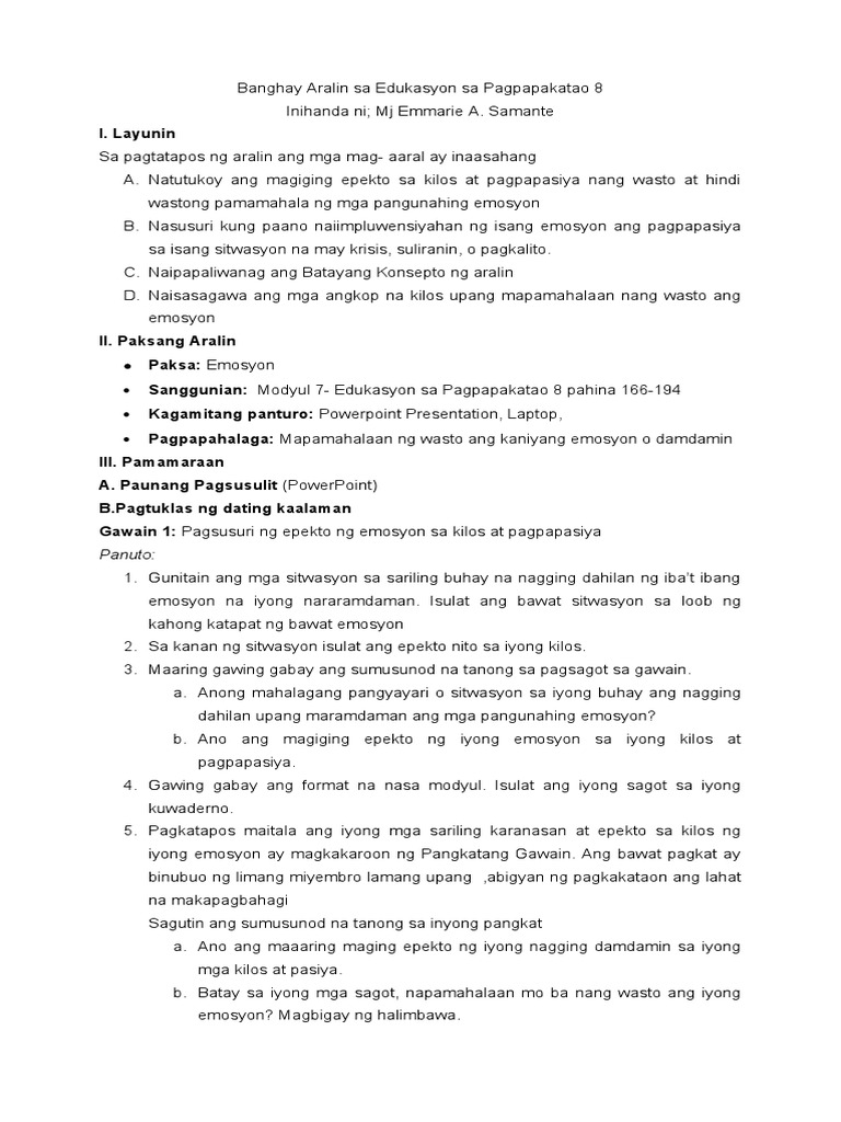 EMOSYON-Banghay Aralin | PDF