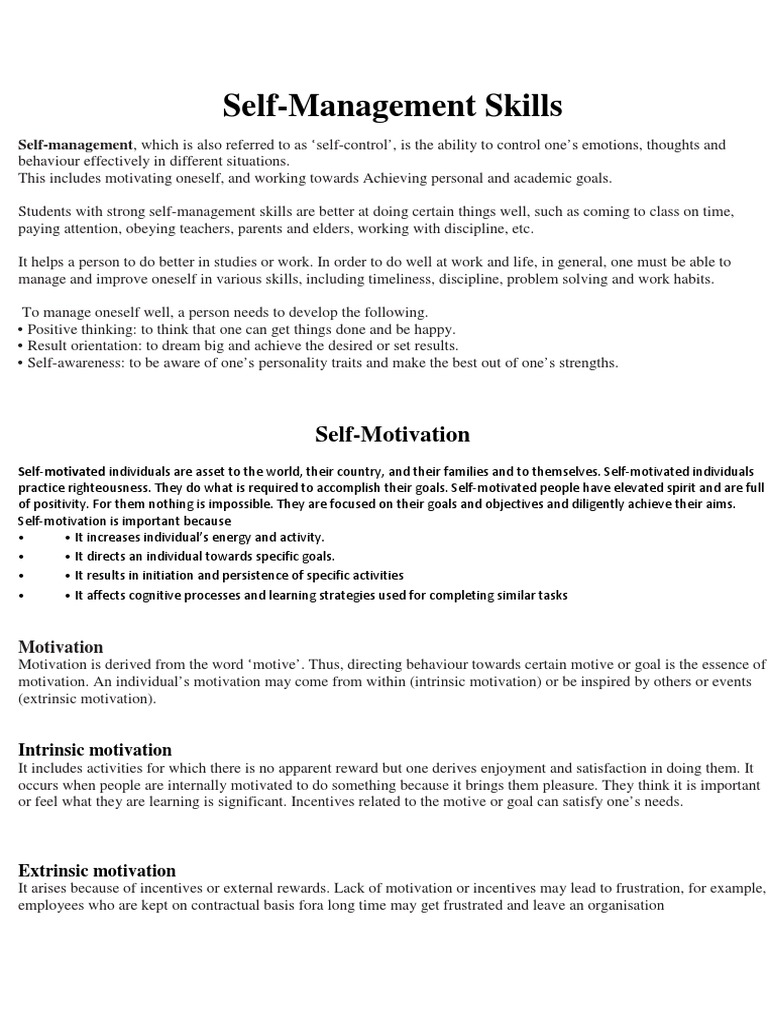 Self- Management skills | PDF | Motivational | Motivation