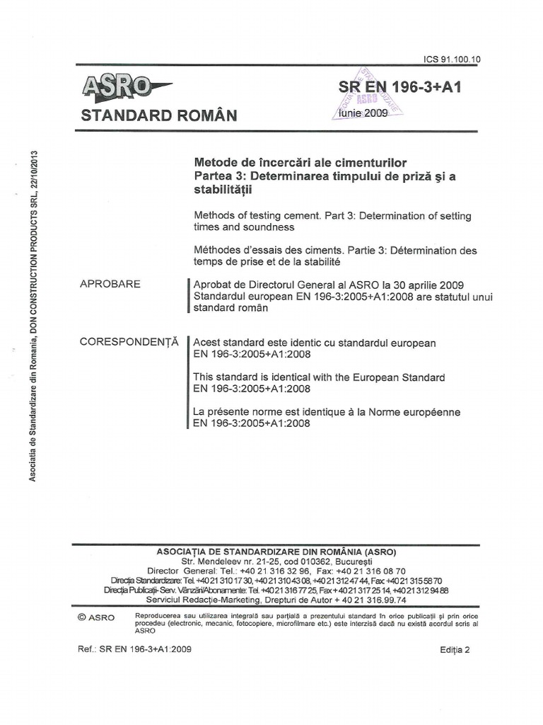SR en 196-3+A1.2009 Metode de Incercare Ale Cimenturilor. Partea 3 ...