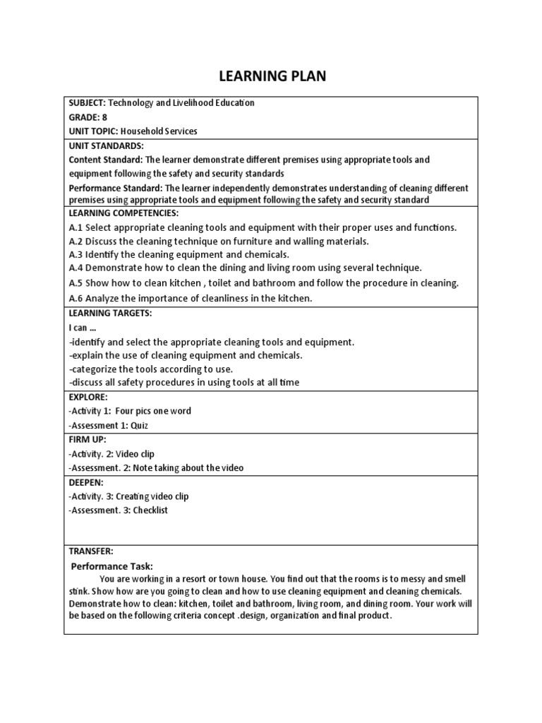 TLE 8 LEARNING PLAN HOUSEHOLD SERVICES 1st GRADING PERIOD | PDF