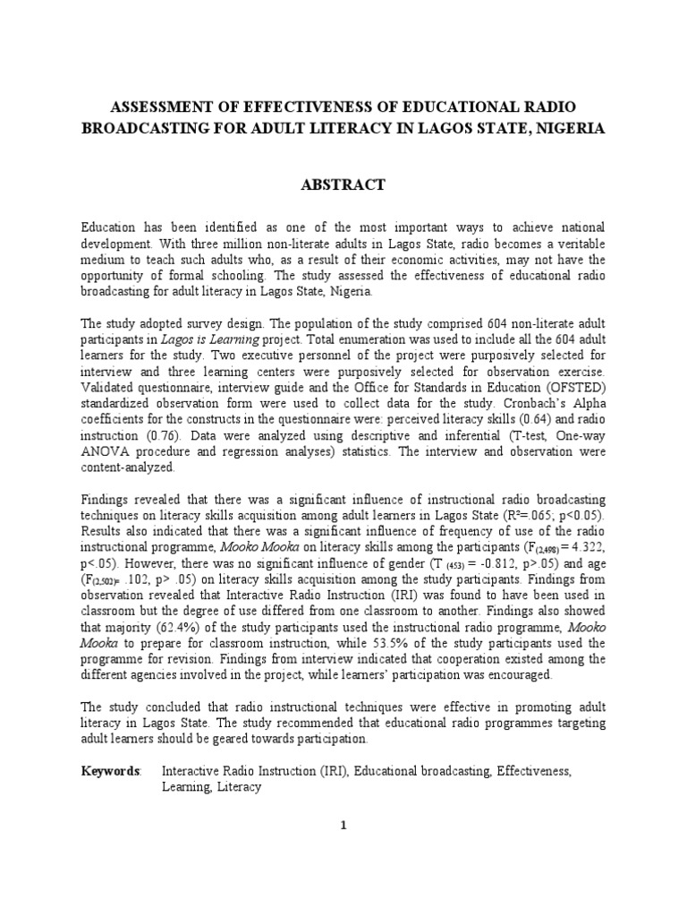 Assessment of Effectiveness of Educational Radio Broadcasting For Adult Literacy in Lagos State ...