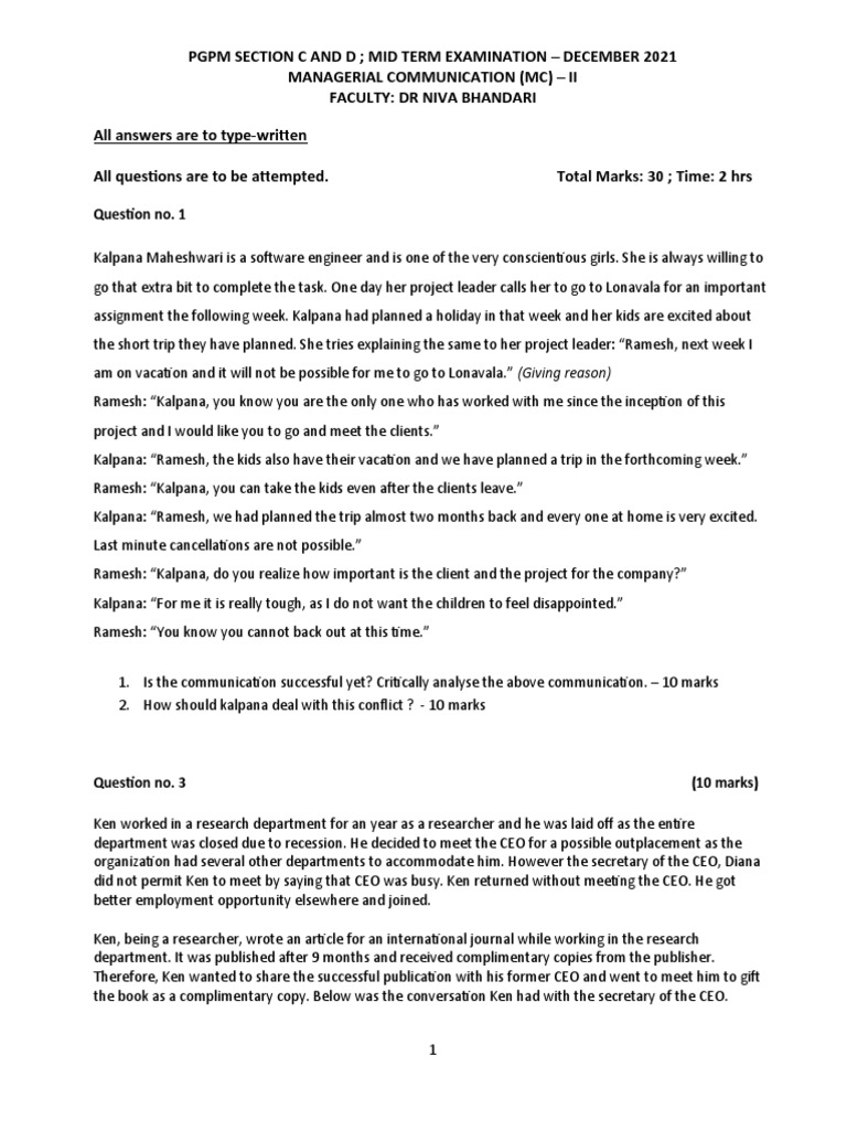 MC-II Sec C and D PGDM MT QP | PDF | Career & Growth