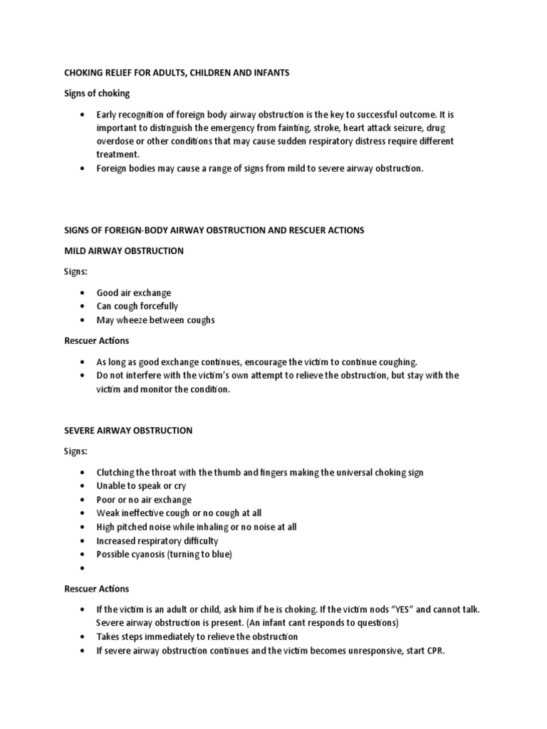 Choking Relief For Adults, Children and Infants Signs of Choking | PDF ...