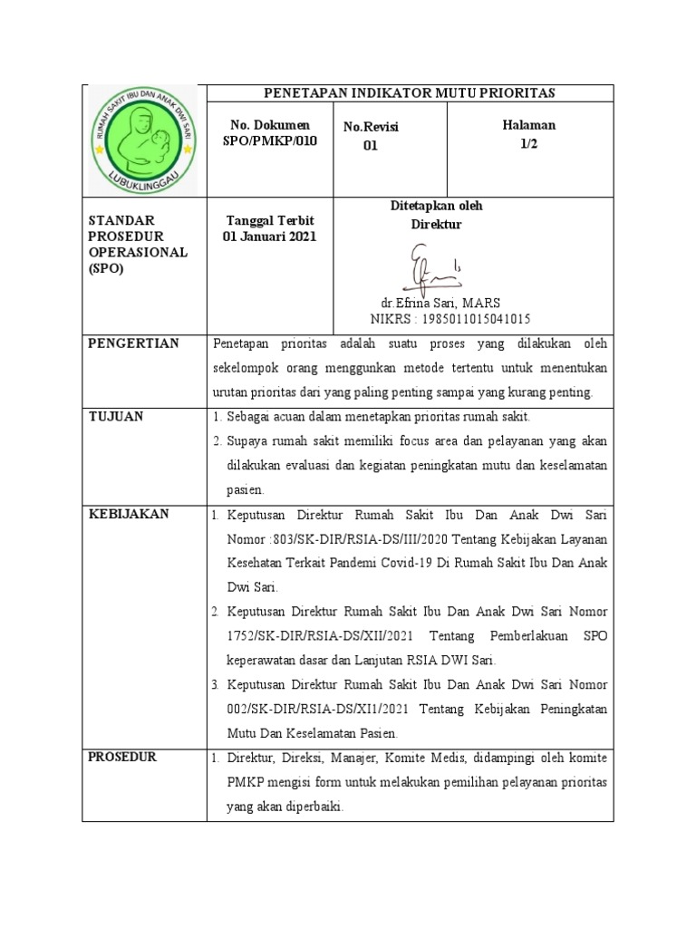 Spo Penetapan Indikator Mutu Prioritas | PDF