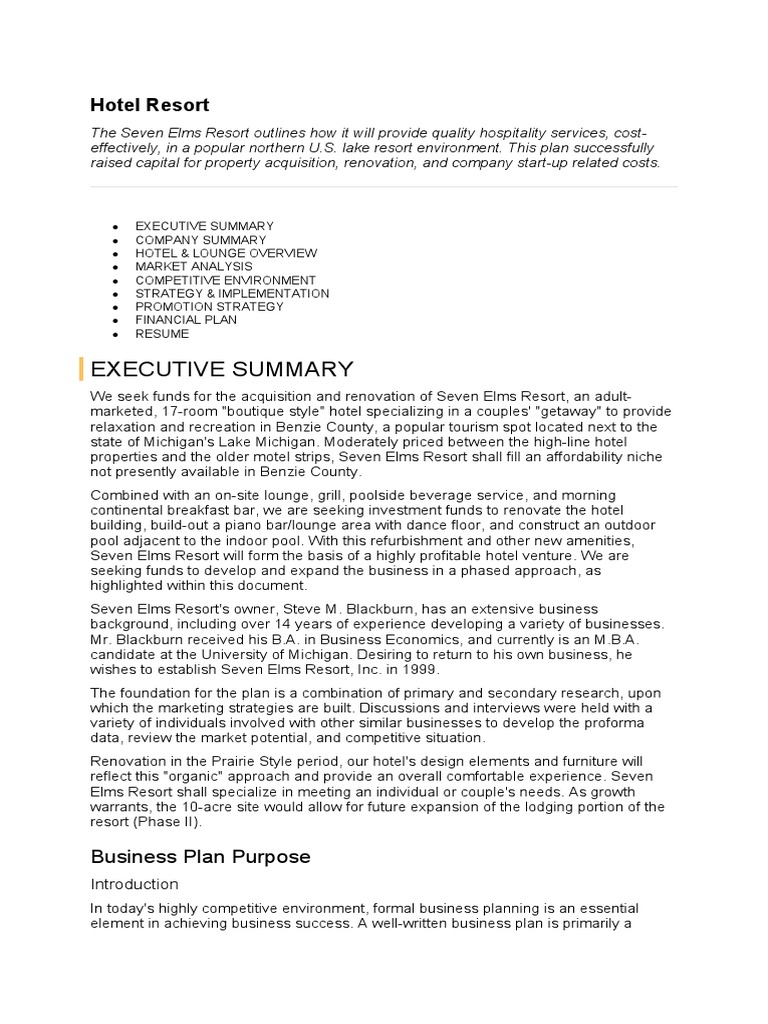 Executive Summary: Hotel Resort | Download Free PDF | Room | Basement