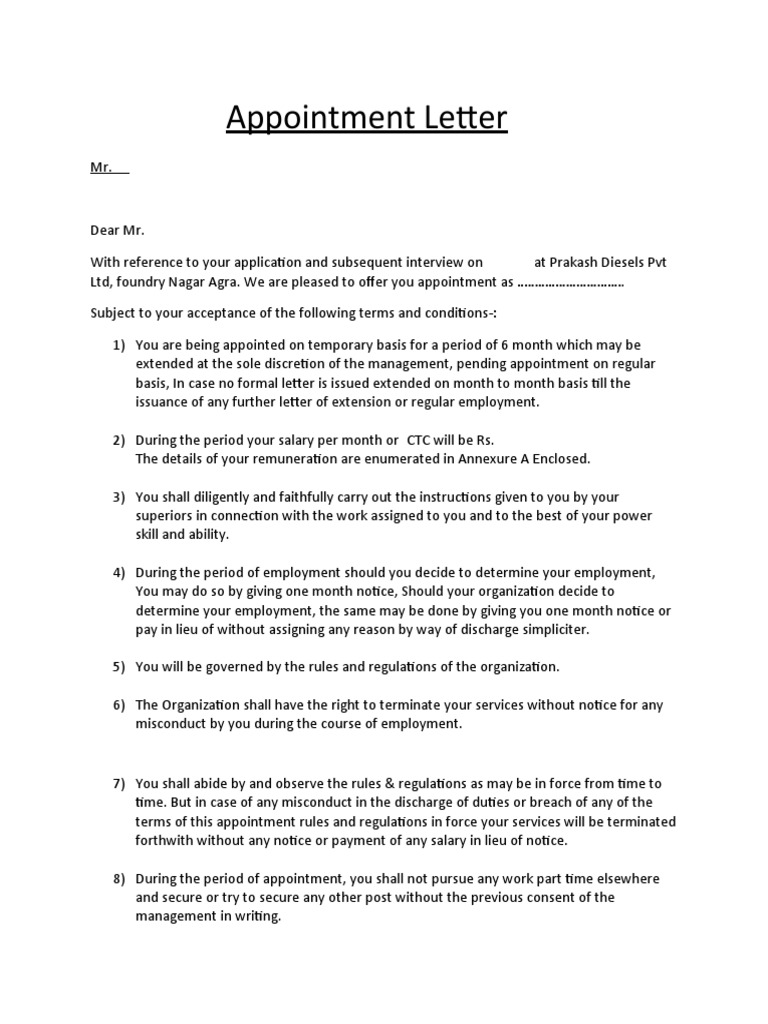 Appointment Letter1 | PDF | Business Law | Public Law