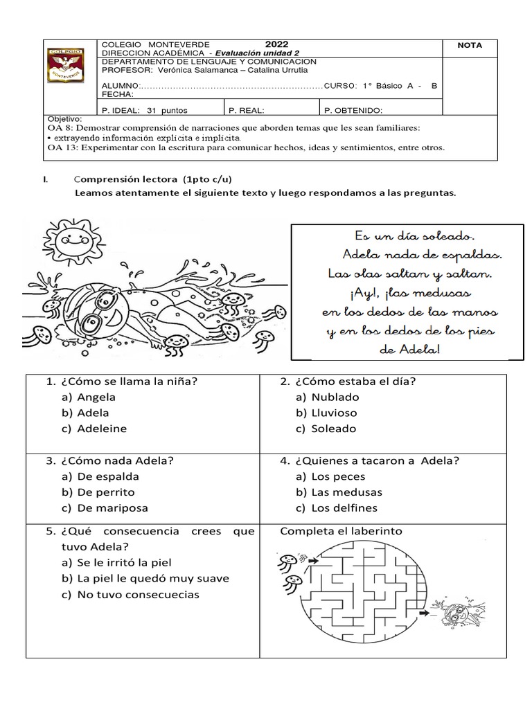 Prueba Unidad 2 1°basico | PDF