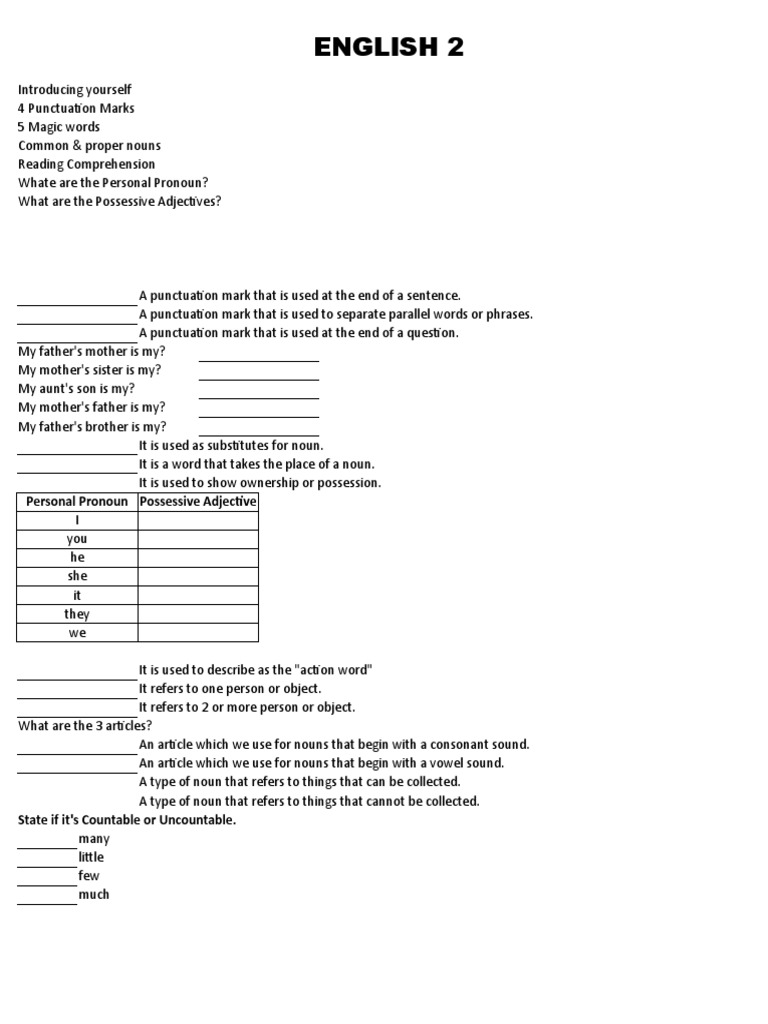 English 2: Personal Pronoun Possessive Adjective | PDF | Philosophy ...
