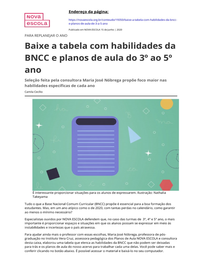 Baixe A Tabela Com Habilidades Da BNCC e Planos de Aula Do 3 Ao 5 Anopdf | PDF