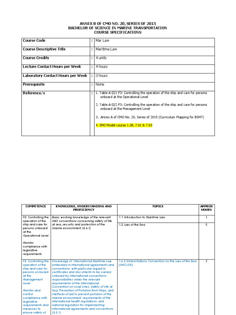 Annex B BSMT Course Specifications For Maritime Law | PDF | Admiralty ...