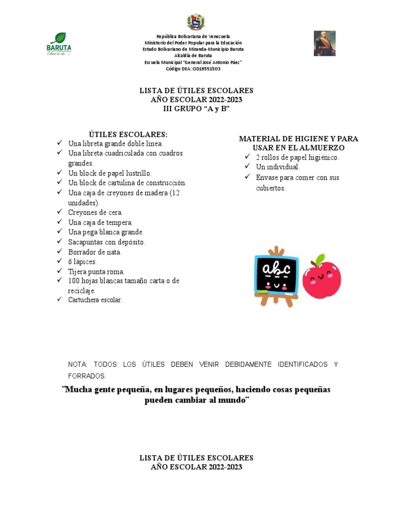 Lista de Útiles Escolares 2022-2023 | PDF