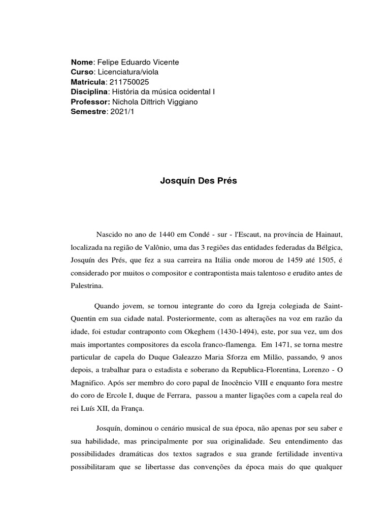Josquín Des Prés, compositor renascentista | PDF | Música clássica ...