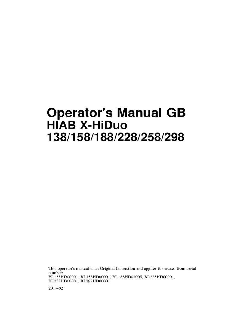 Operator'S Manual GB: Hiab X-Hiduo 138/158/188/228/258/298 | PDF ...