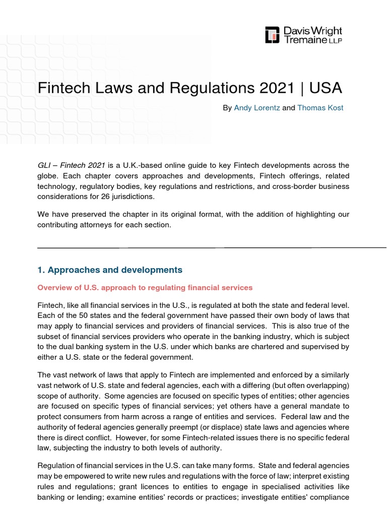 Fintech Laws and Regulations 2021 - USA | PDF | Cryptocurrency | Banks