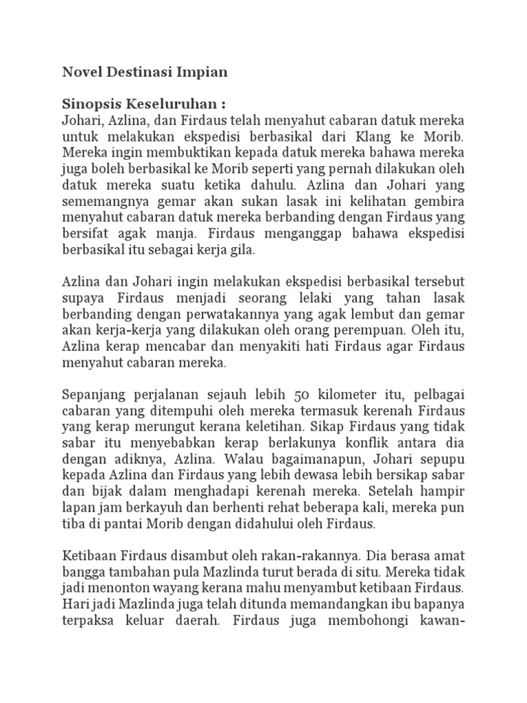 Sinopsis Keseluruhan Novel Destinasi Impian | PDF