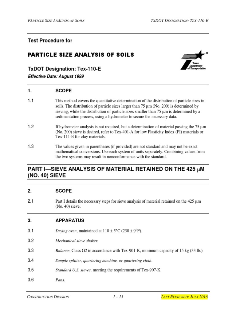 Particle Size Analysis of Soils: Test Procedure For | PDF | Soil ...