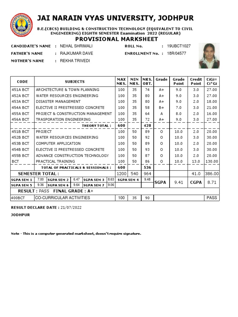 Jai Narain Vyas University, Jodhpur: Provisional Marksheet | PDF | Computers