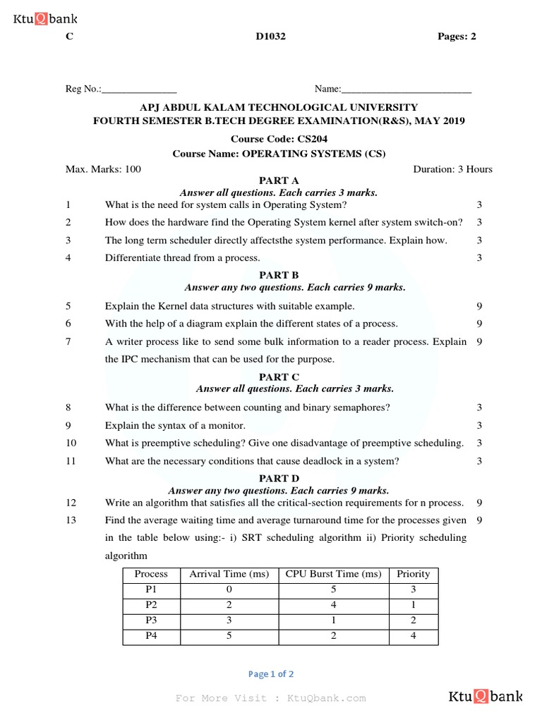 C D1032 Pages: 2: Answer All Questions. Each Carries 3 Marks | PDF | Scheduling (Computing ...