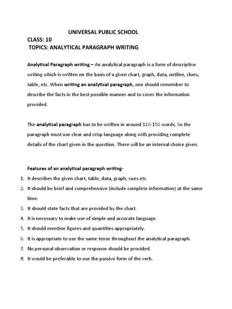 Universal Public School CLASS: 10 Topics: Analytical Paragraph Writing | PDF | Chart | Paragraph