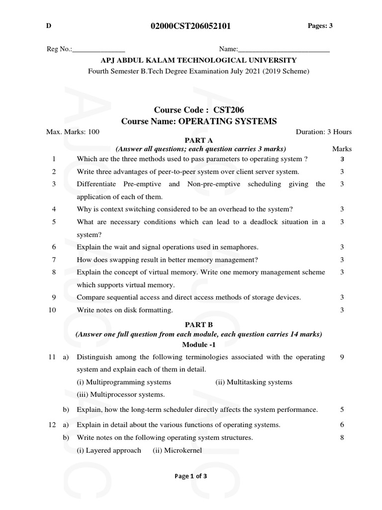 Fourth Semester B.Tech Degree Examination July 2021 (2019 Scheme) | PDF ...
